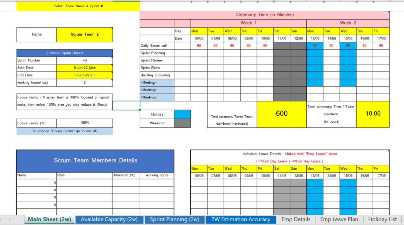 2 Weeks Sprint Capacity planning Template (Thu to Wed) - ExcelTemplateWorld